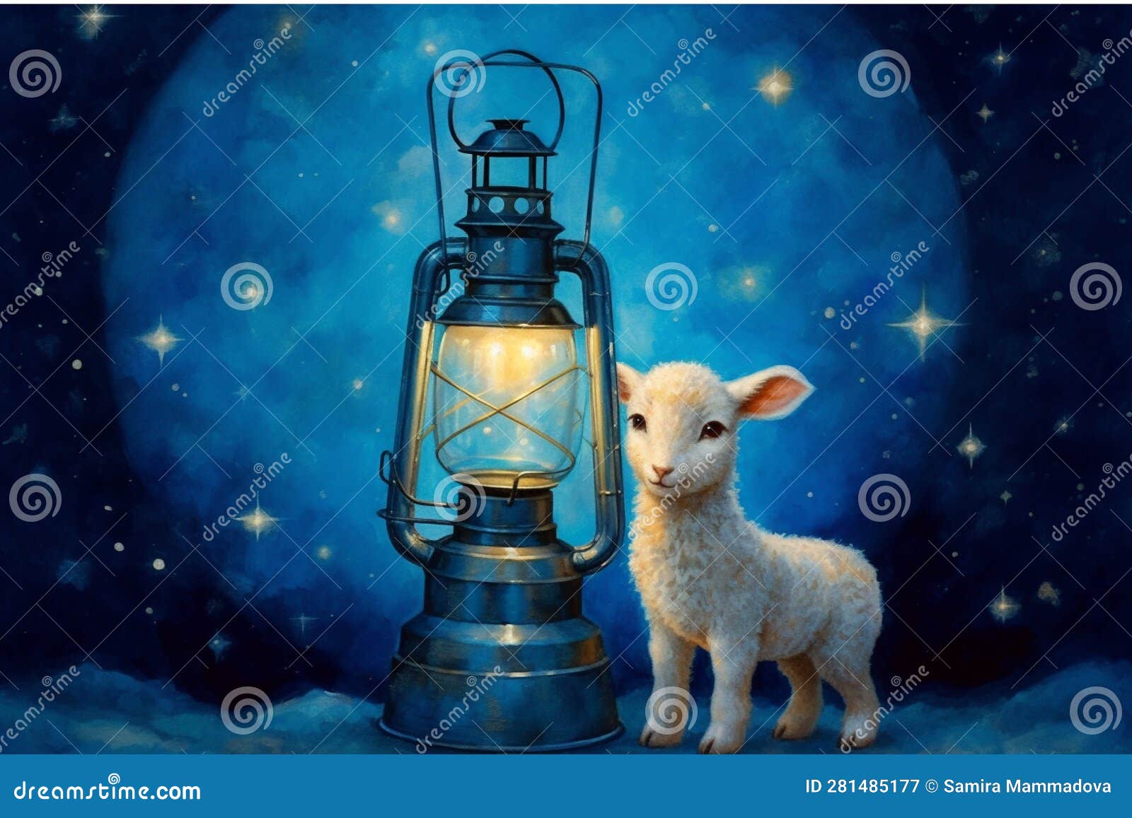 Lantern and Lamb on a Blue Background Stock Illustration - Illustration ...