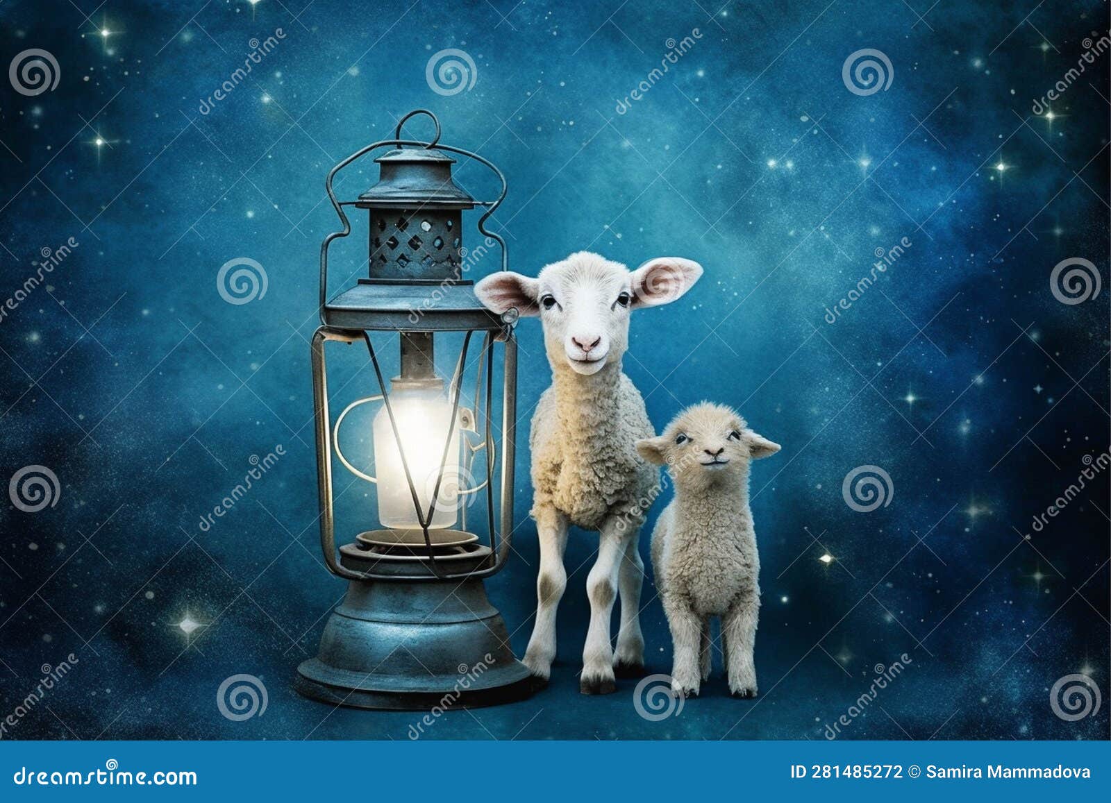 Lantern and Lamb on a Blue Background Stock Illustration - Illustration ...