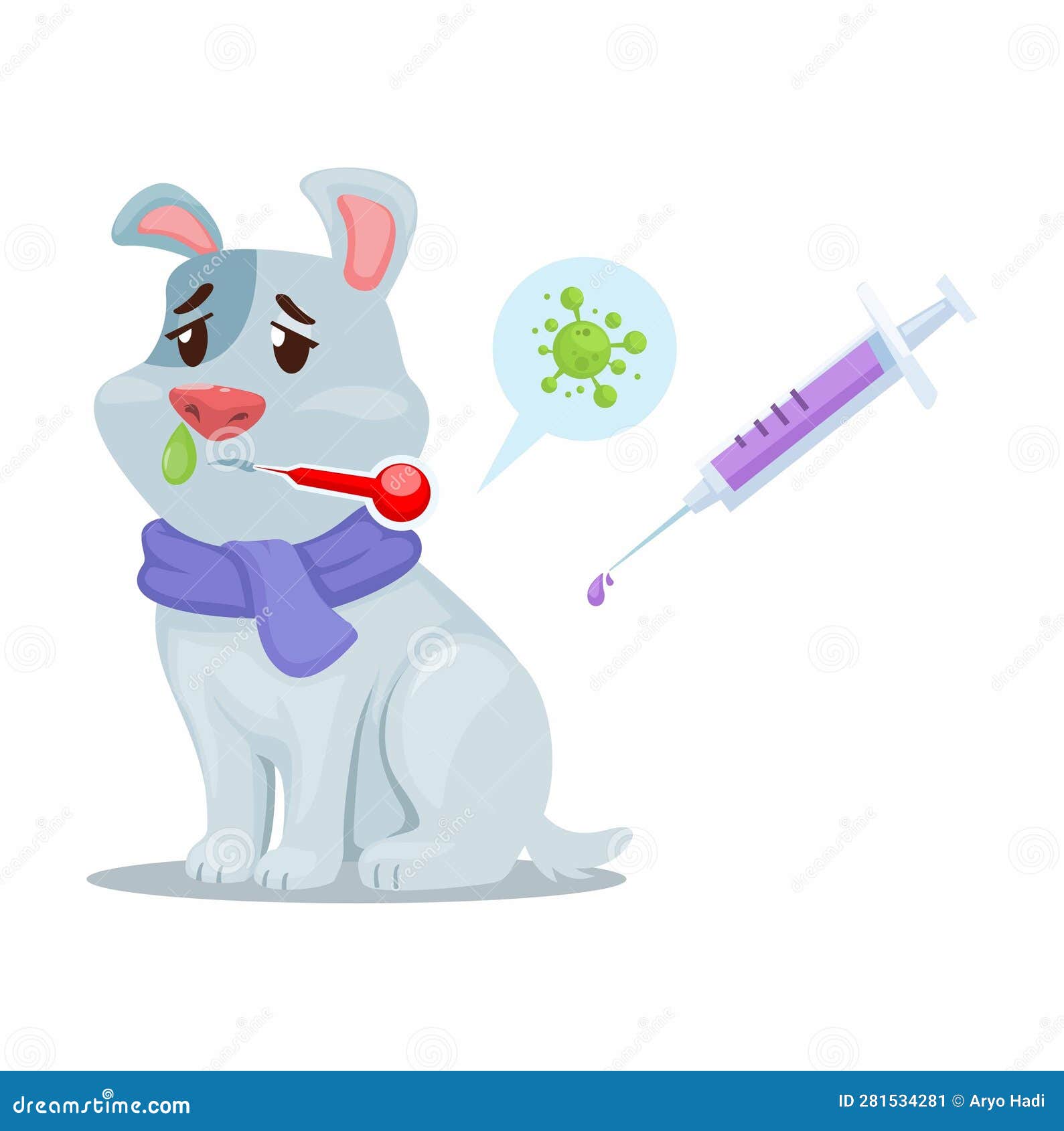 Sick Dog Infected with Virus Bacteria and Medicine Syringe. Animal ...