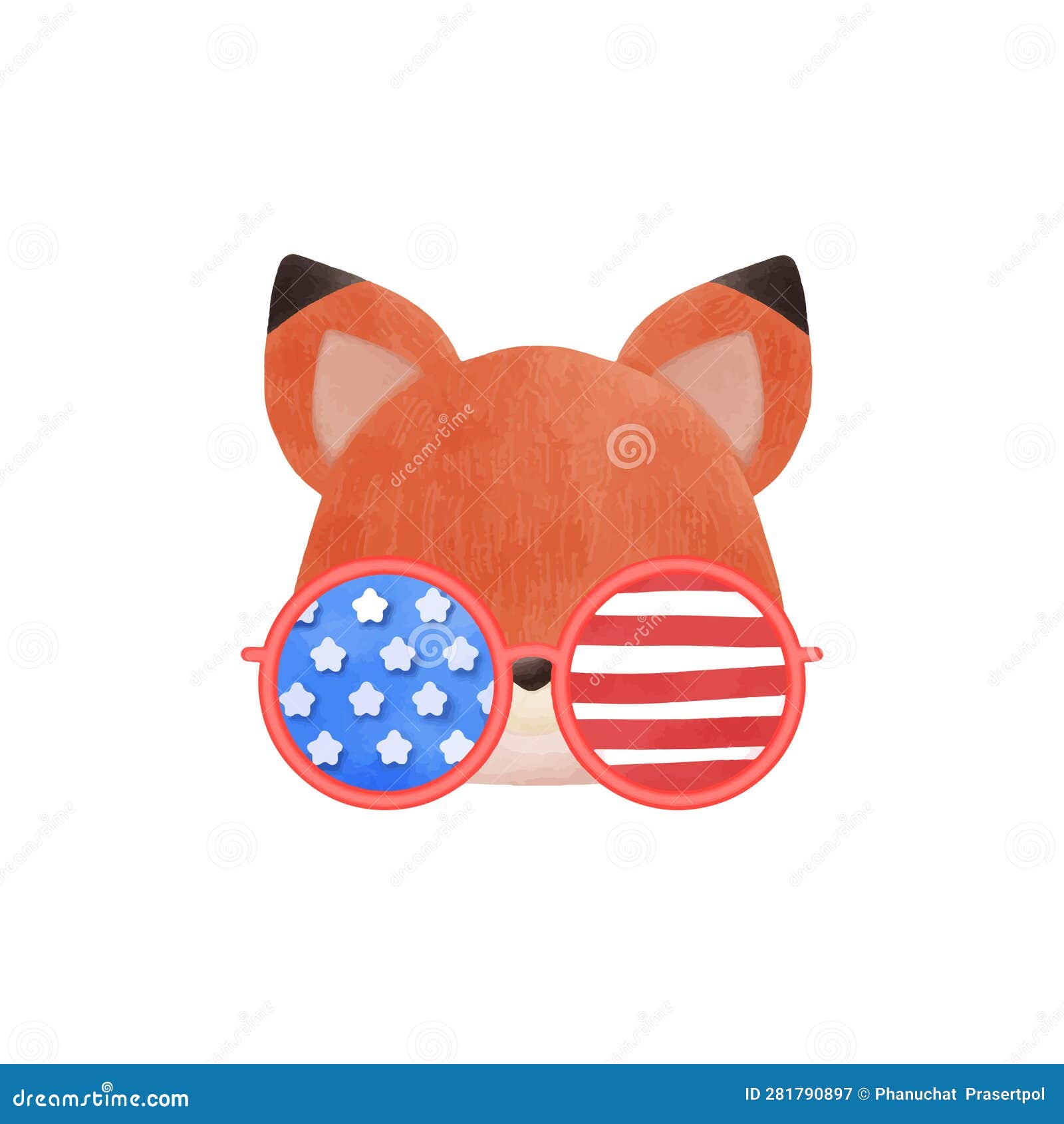Happy 4th of July Fox Head Watercolor Vector Illustration, Stock Vector ...