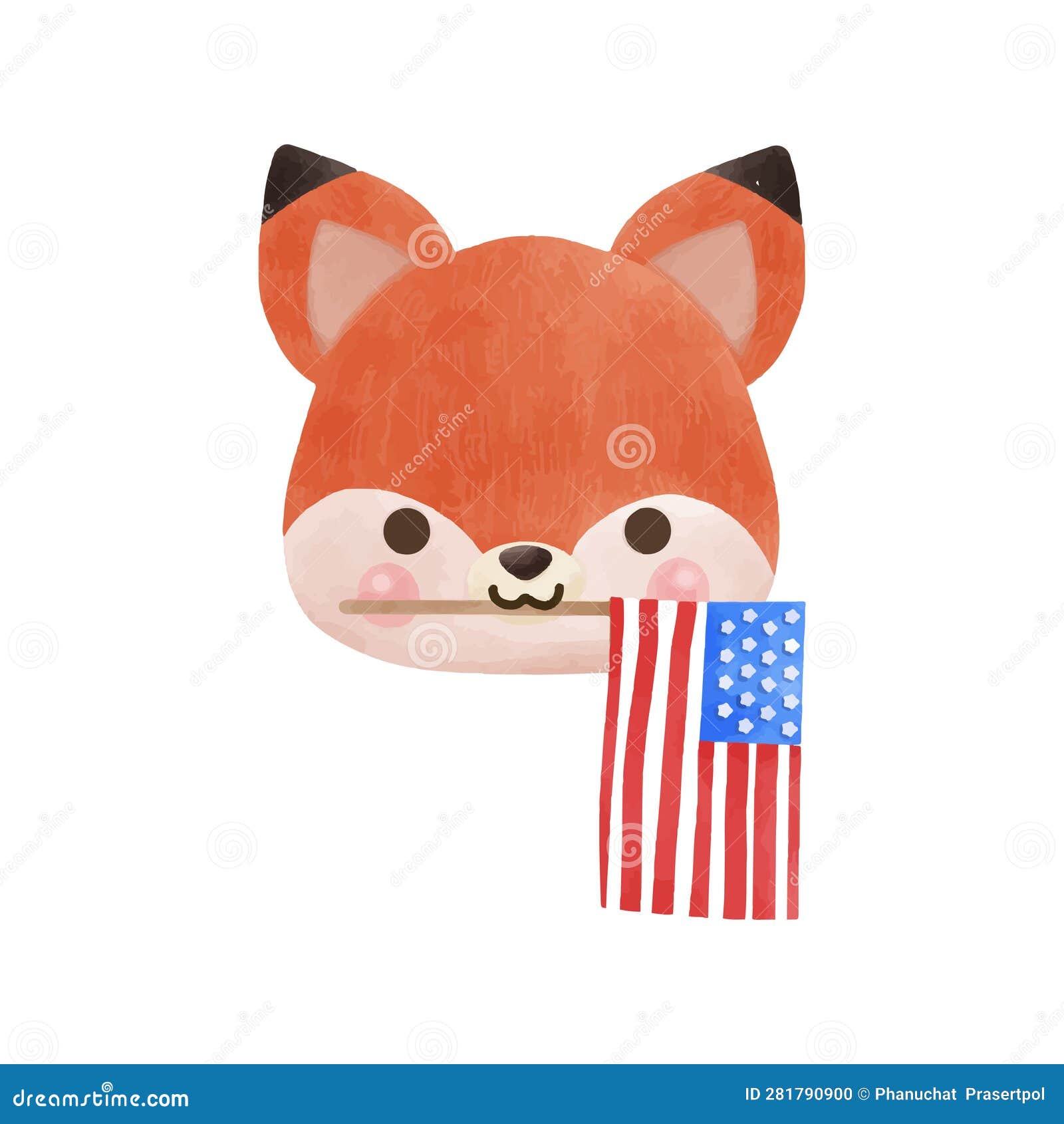 Happy 4th of July Fox Head Watercolor Vector Illustration, Stock Vector ...