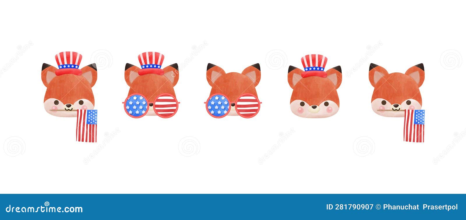 Happy 4th of July Set of Group Fox Watercolor Vector Illustration ...