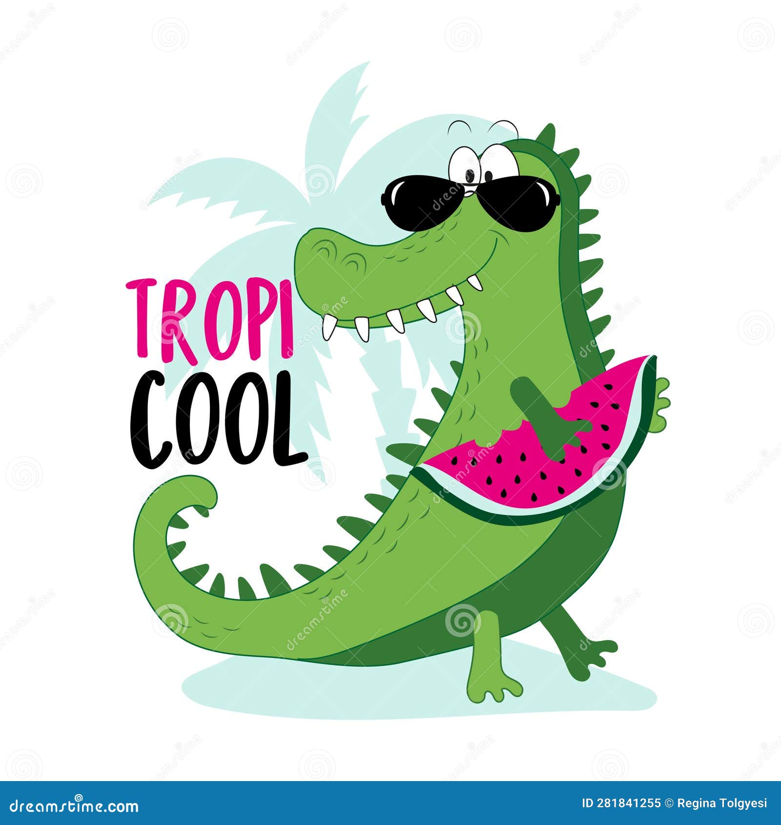 Tropi Cool - Summer Slogan with Funny Crocodile with Watermelon Stock ...