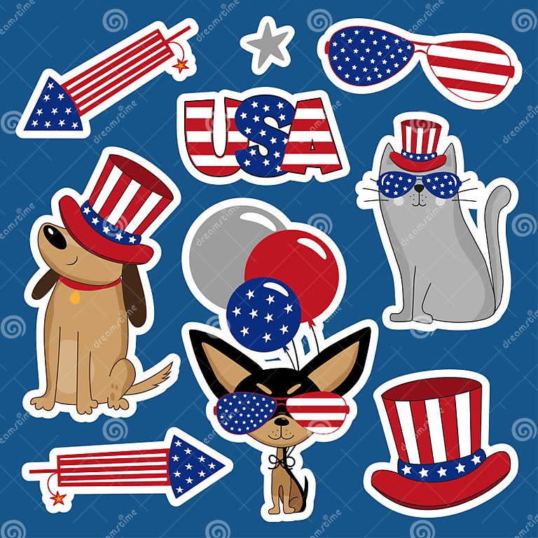 Fourth of July, Cartoon Sticker Set. Stock Vector - Illustration of ...
