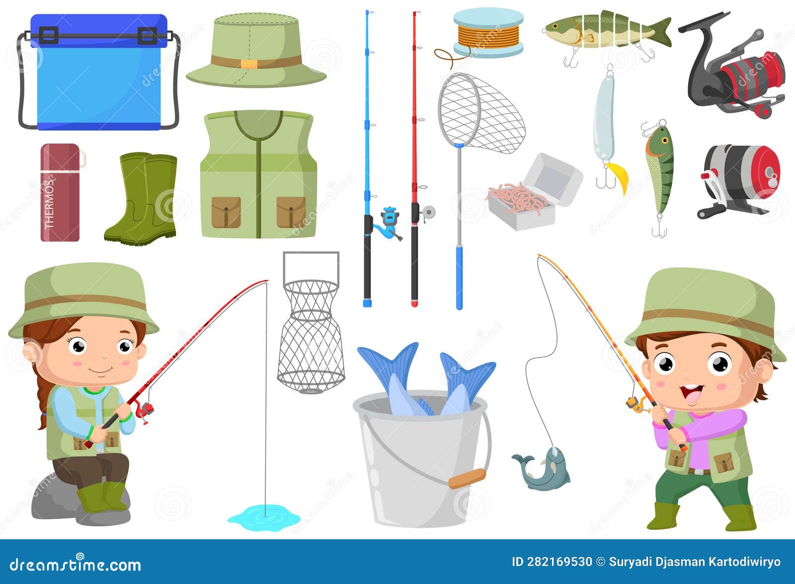 Set of Kids Fishing Fish Cartoon with Elements Stock Vector ...