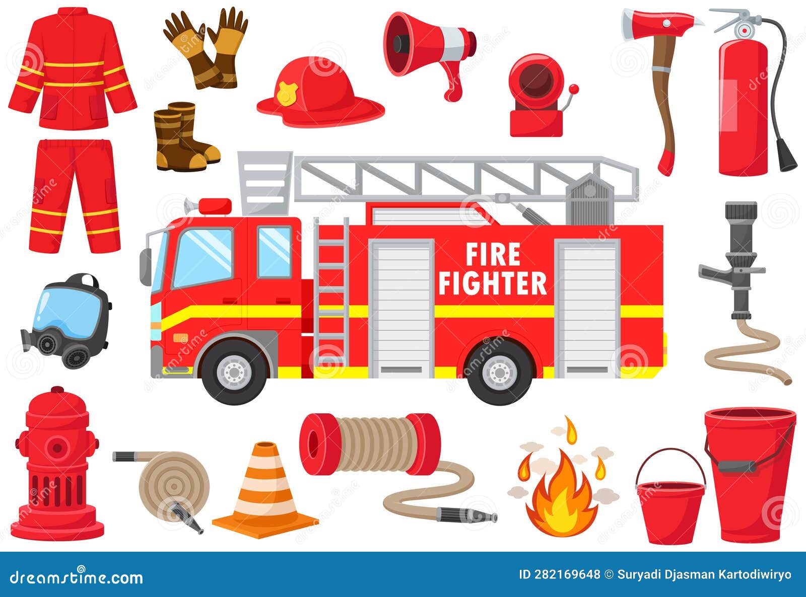 Set of Firefighting Elements Cartoon Stock Vector - Illustration of ...