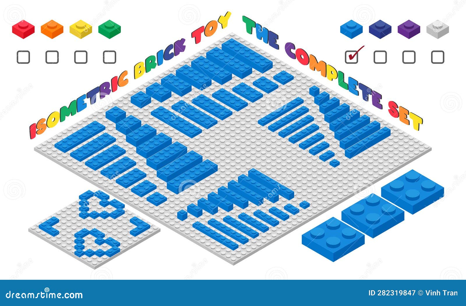 The Complete Set of BLUE 3d Children Brick Toy Isometric Style. Plastic ...