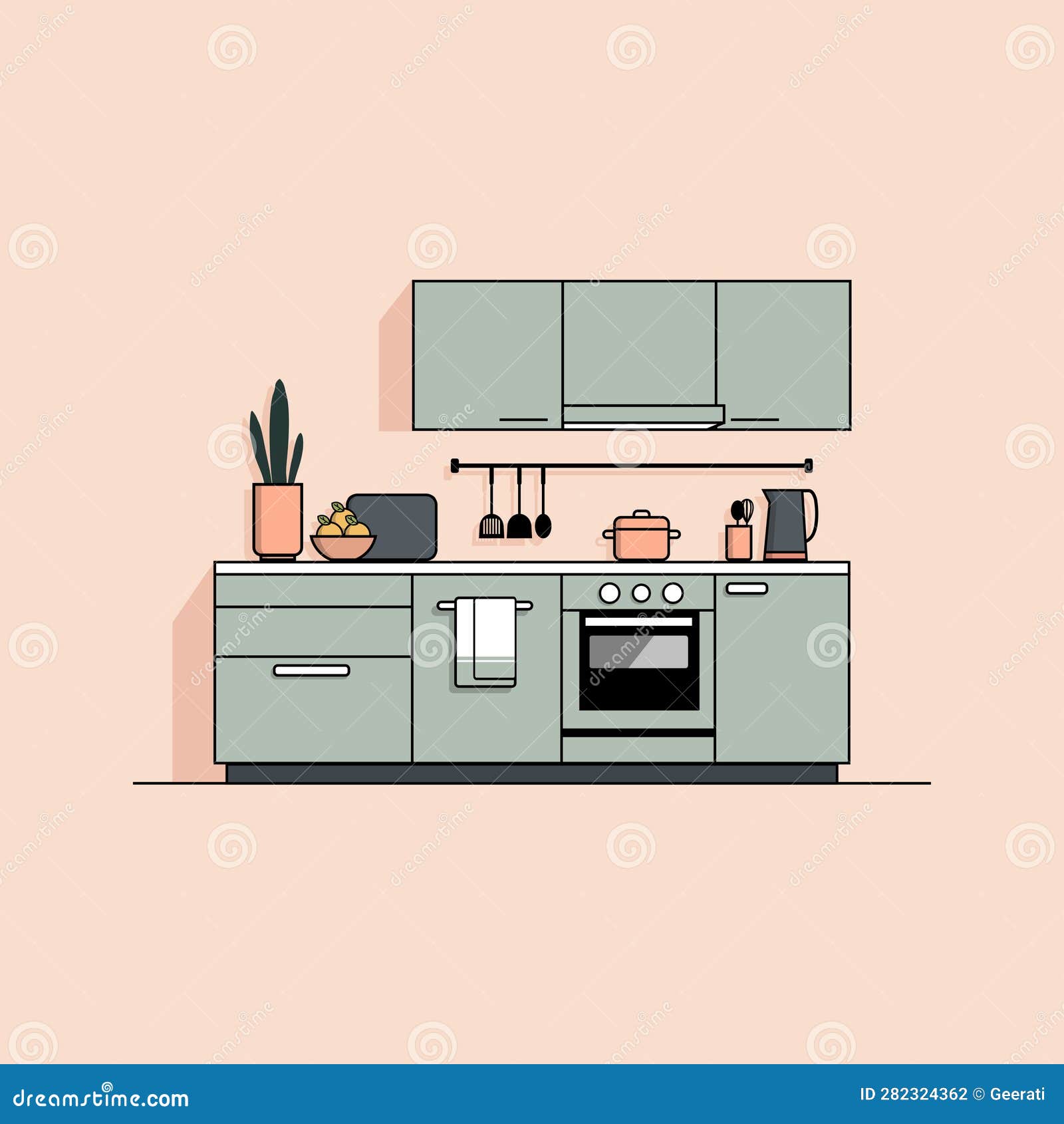 Flat Illustration of Modern Kitchen Interior with Furniture, Appliances ...