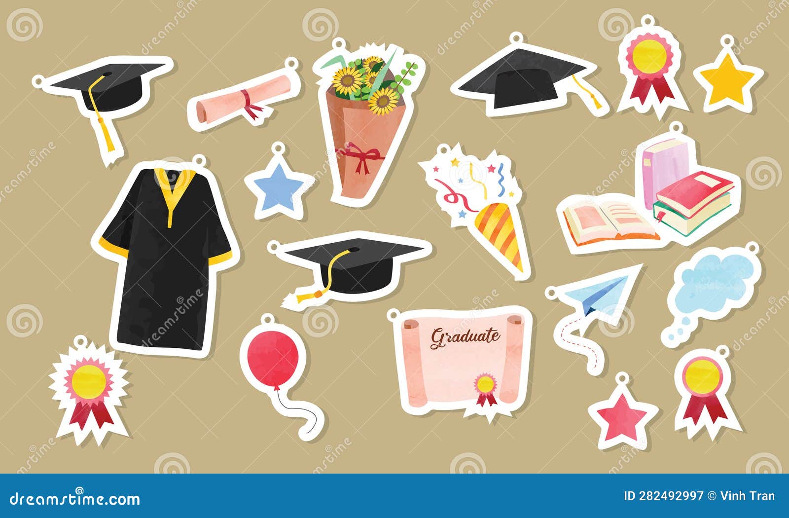 Graduation Clipart Cartoon Stickers Set. Graduation Gown, Cap, Diploma ...