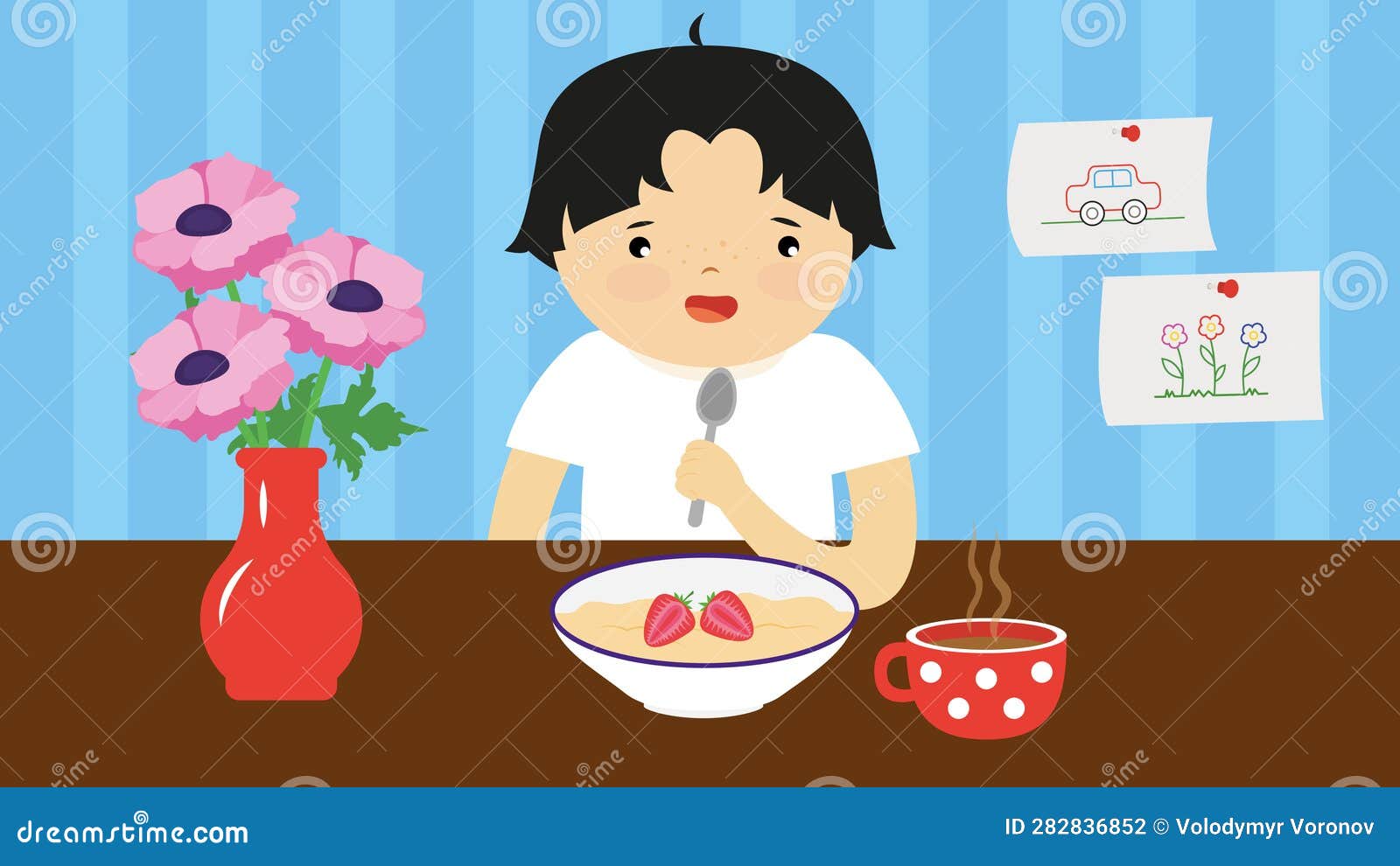 Boy Eating Strawberries in the Kitchen. Vector Illustration. Stock ...