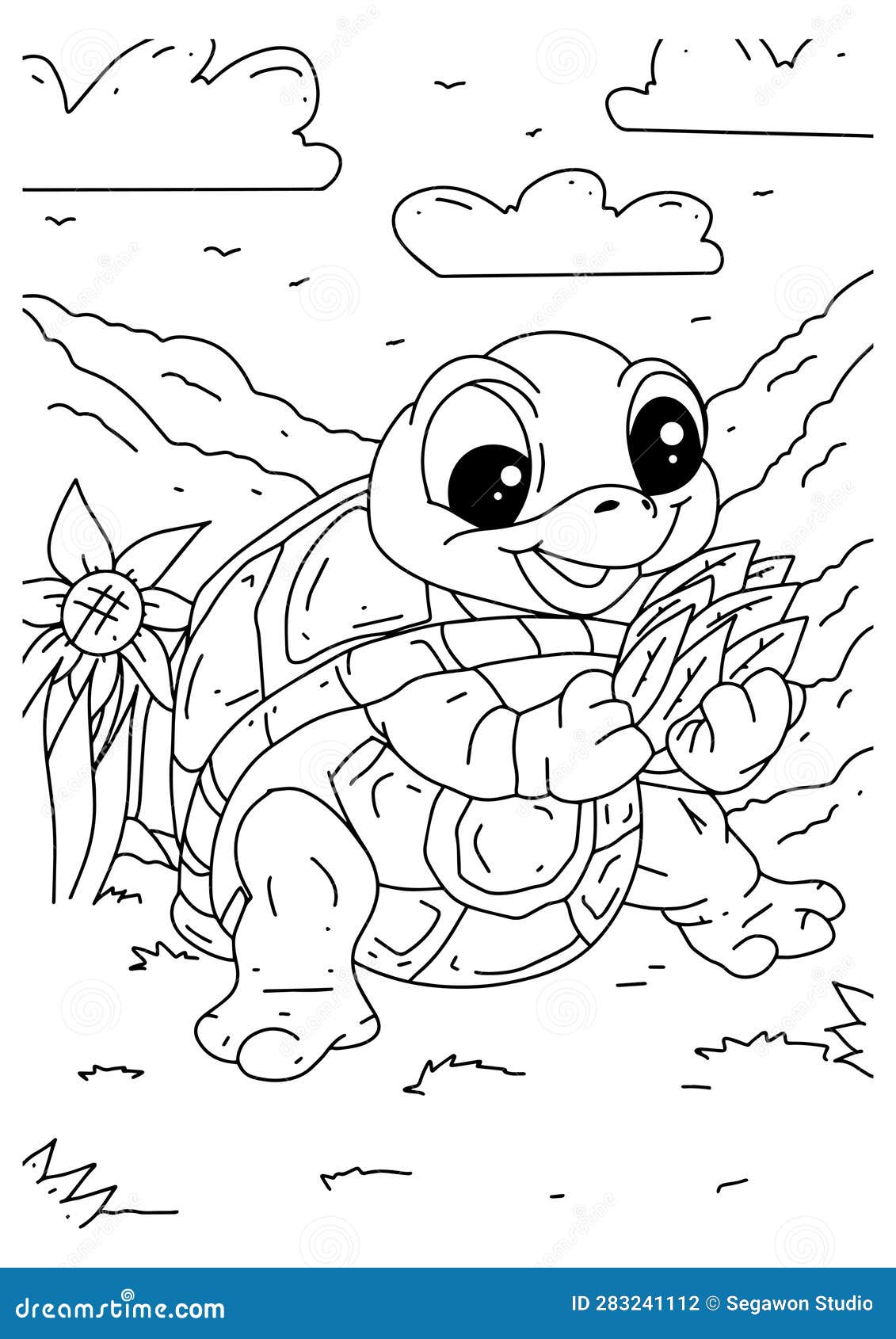 Turtle Sit in the Nature with Holding Leaf Coloring Page for Kid Stock ...
