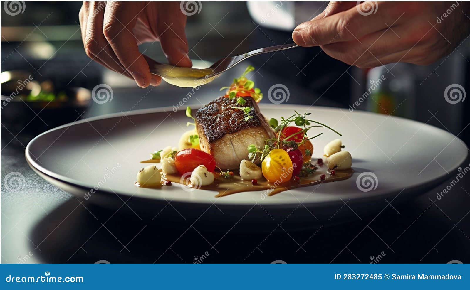 Male Chef Decorating Vegetable Salad with Tomato Stock Illustration ...