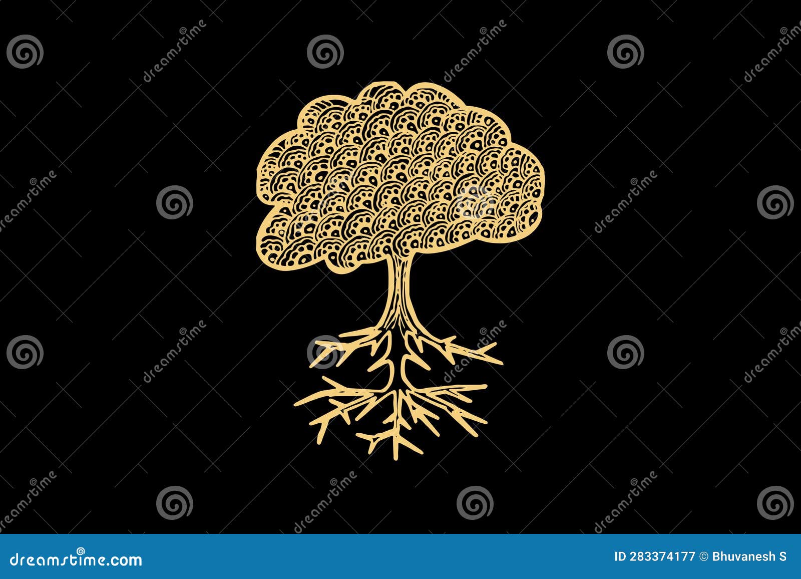 Zentangle Art for Tree with Roots with Gold Color Isolated on Dark ...