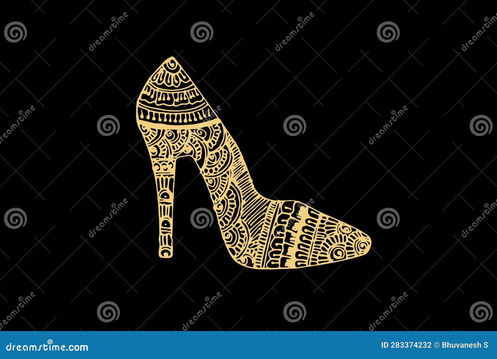 Zentangle Art for Woman Shoe with Gold Color Isolated on Dark Black ...