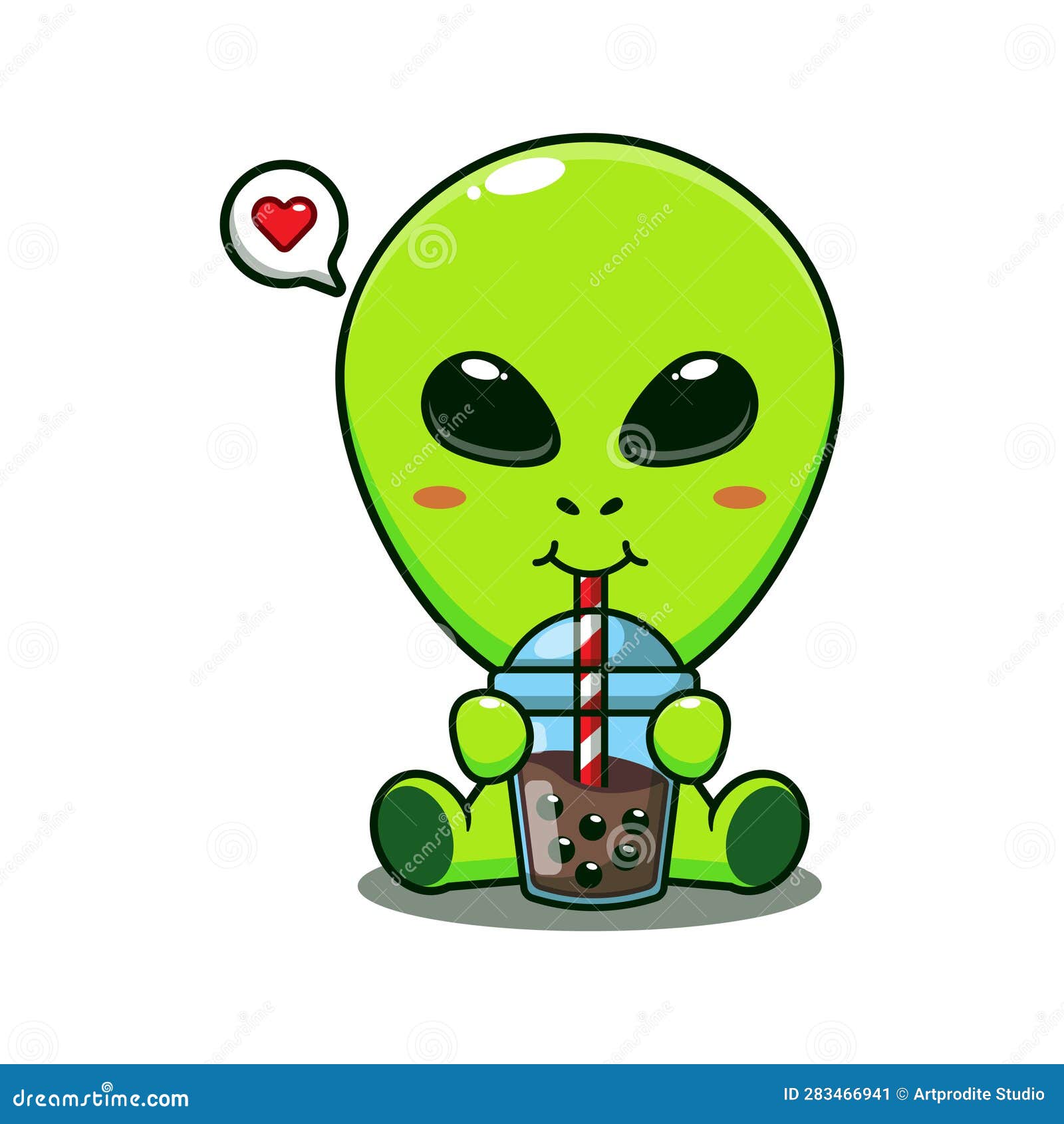 Cute Alien Drink Boba Milk Tea Cartoon Vector Illustration. Stock ...