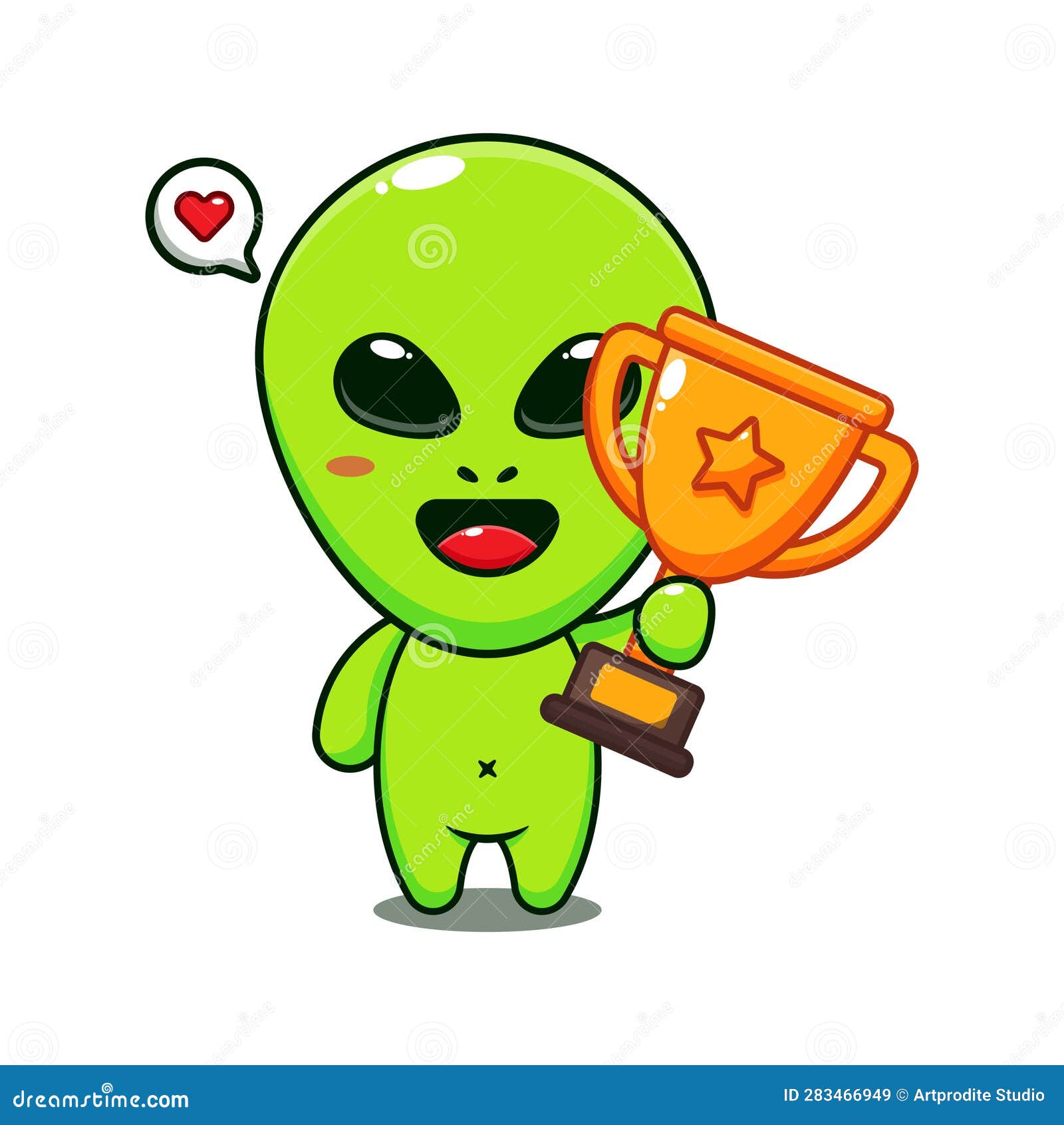 Cute Alien Holding Gold Trophy Cup Cartoon Vector Illustration. Stock ...