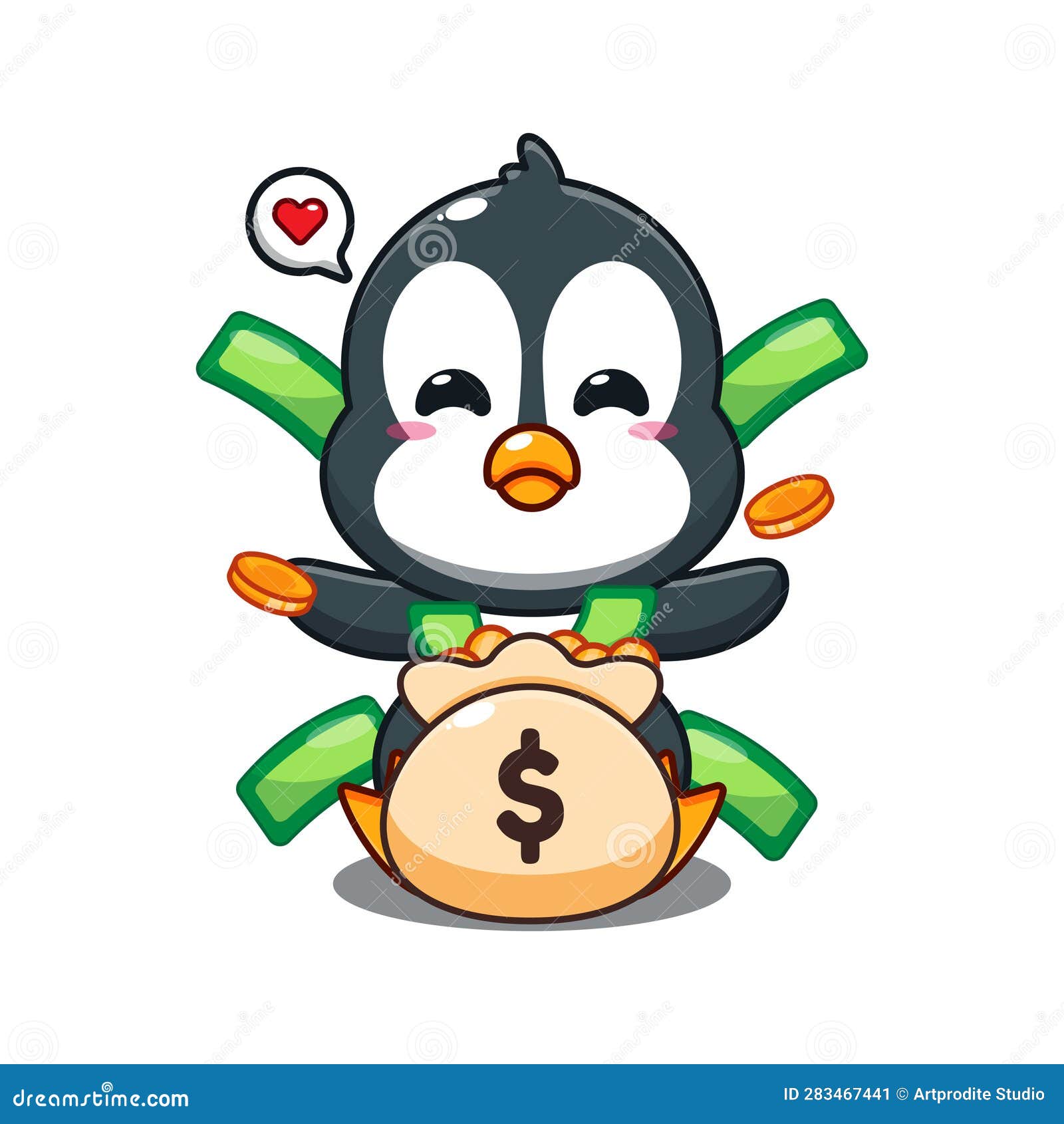 Cute Penguin with Money Bag Cartoon Vector Illustration. Stock Vector ...