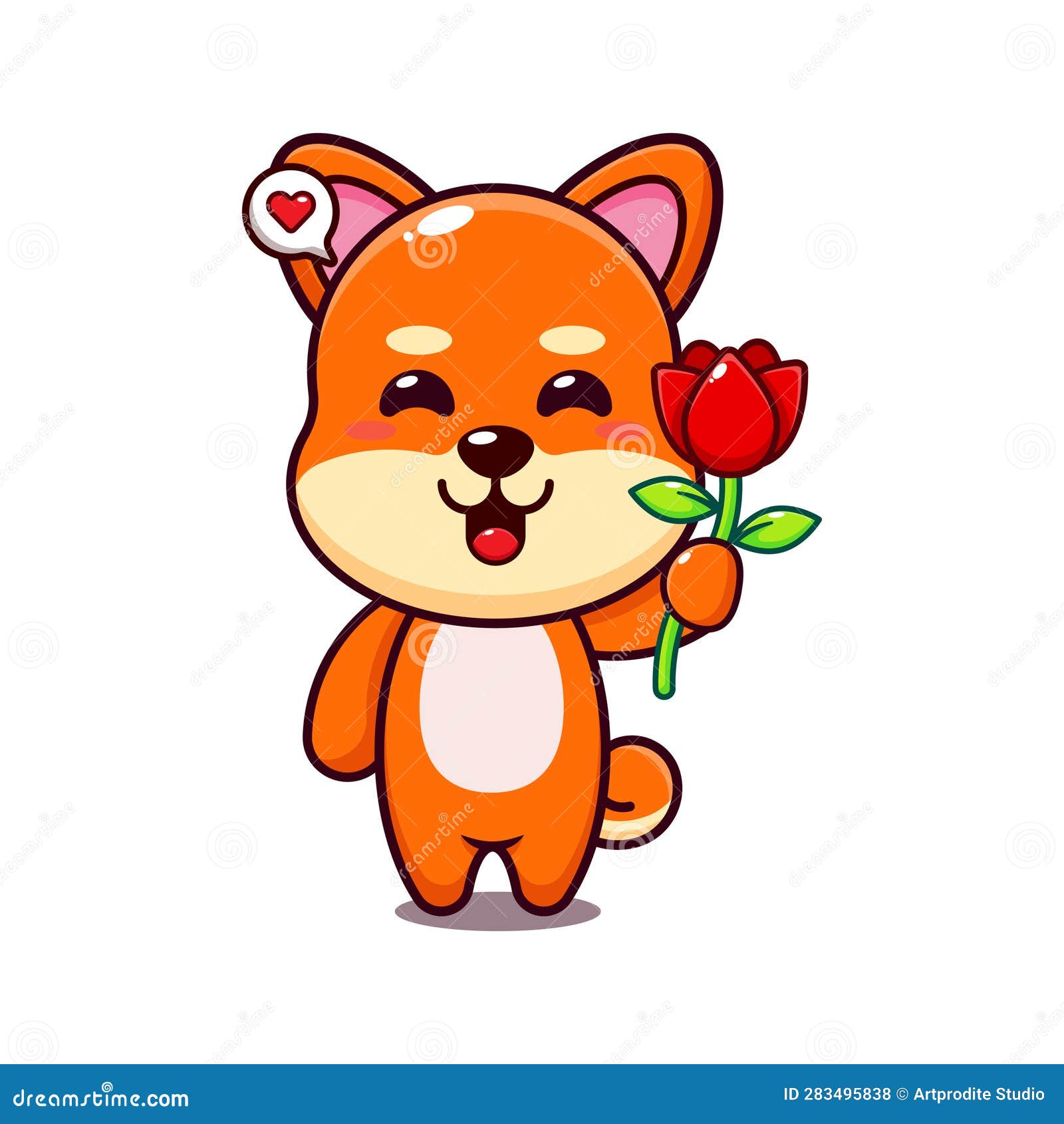 Cute Shiba Inu Holding Rose Flower Cartoon Vector Illustration. Stock ...