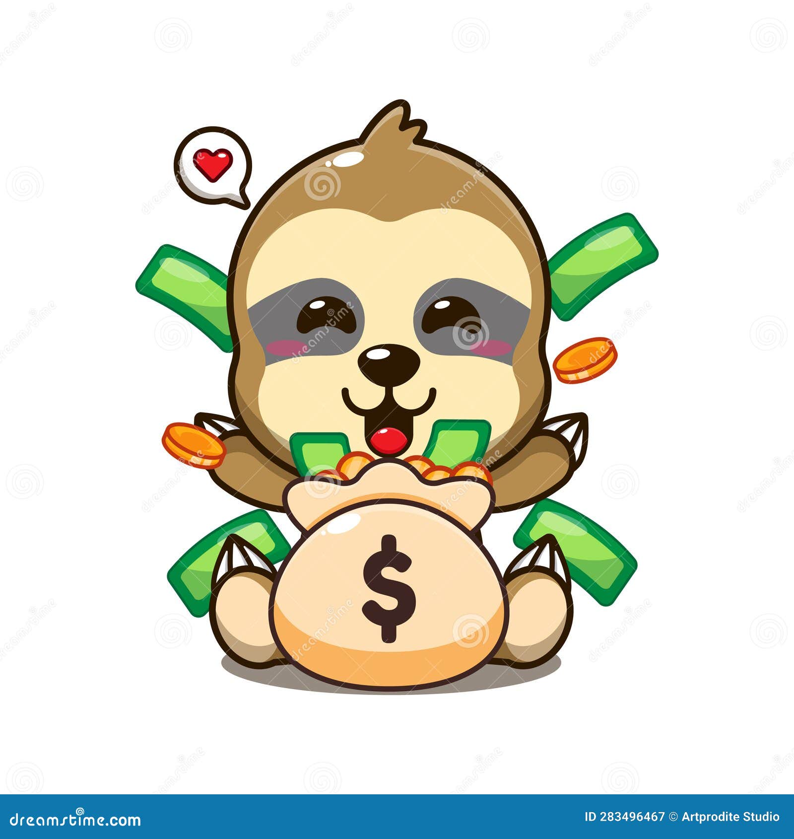 Cute Sloth with Money Bag Cartoon Vector Illustration. Stock Vector ...