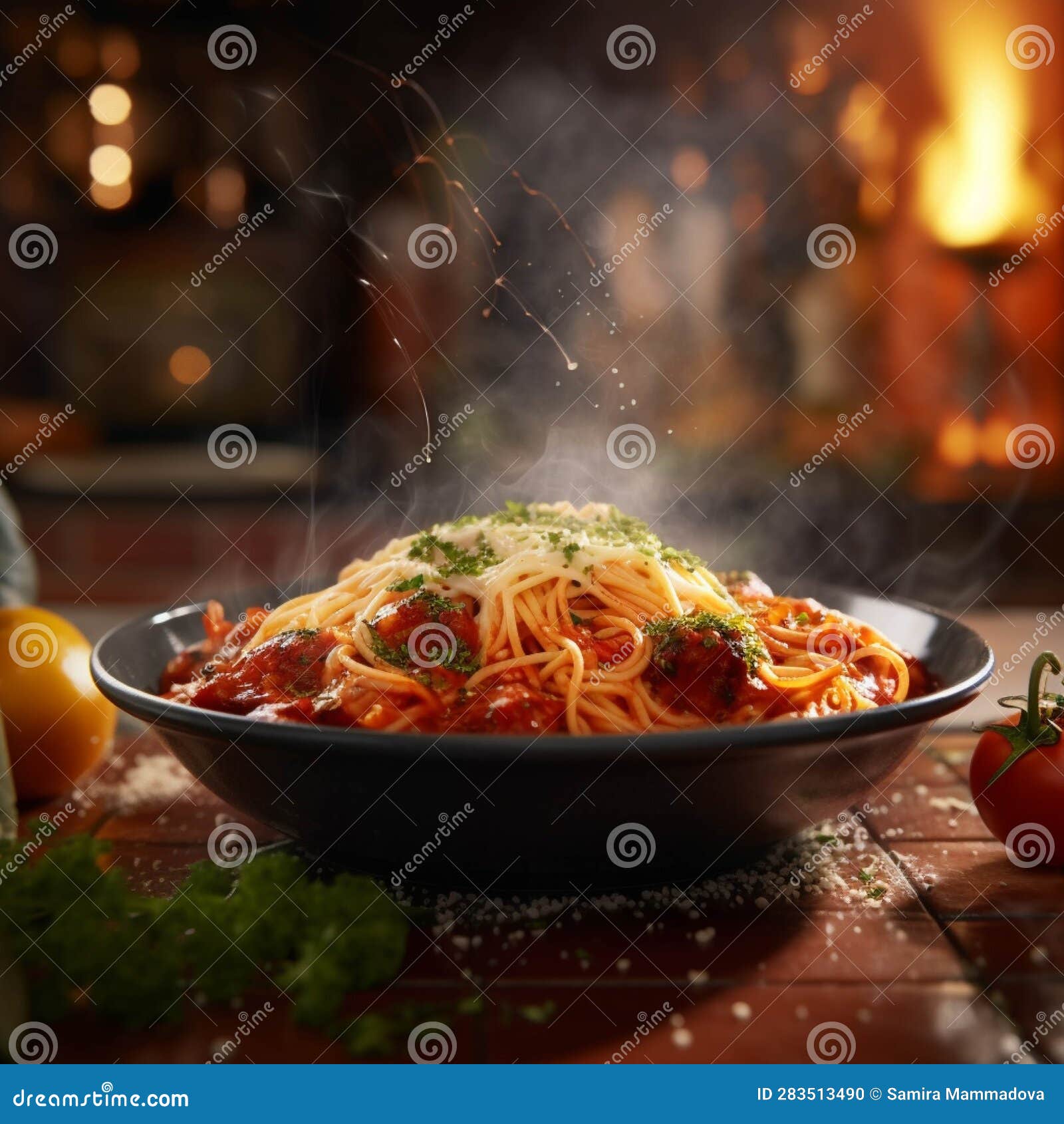 Spaghetti Bolognese with Tomato Sauce, Basil and Parmesan Stock ...