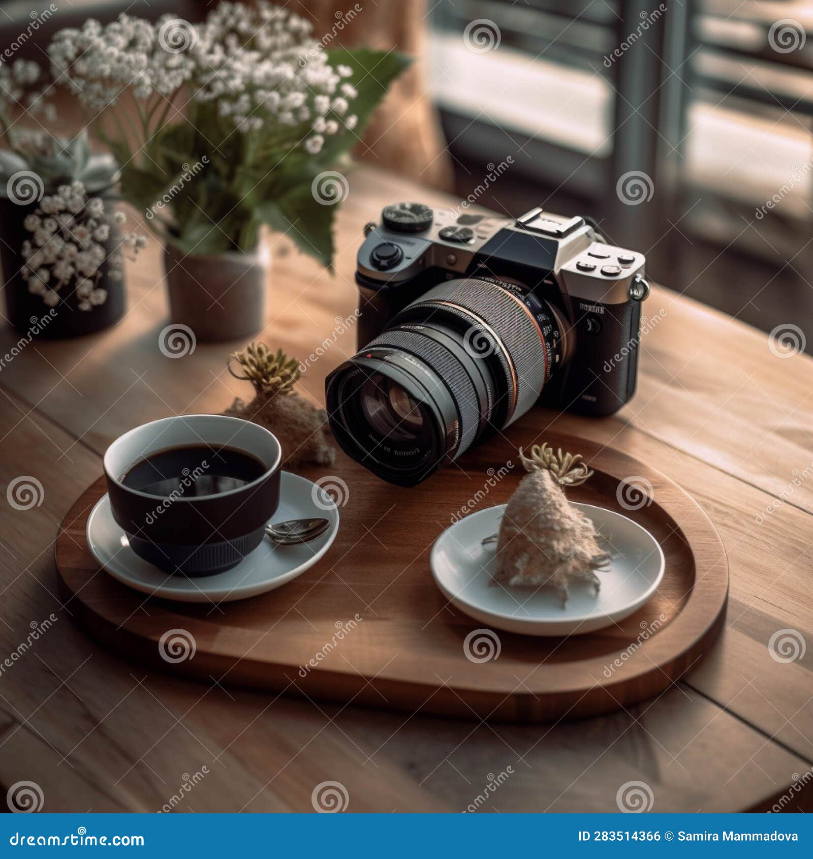 Coffee Cup, Camera and Flowers Stock Illustration - Illustration of ...