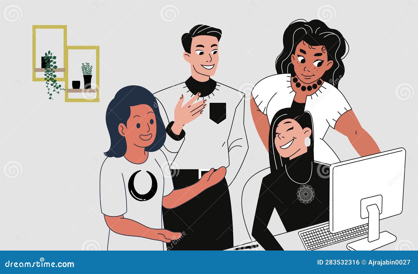 Four Office Employees Talking Happily and Working Stock Vector ...