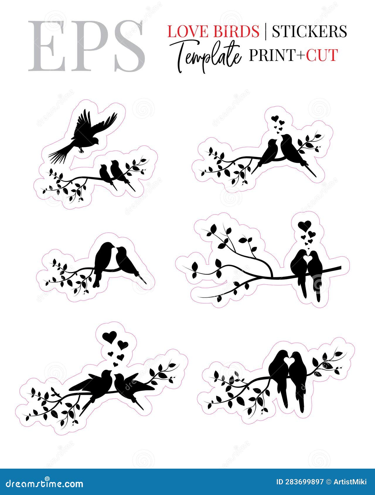 Love Birds on Branch Stickers, Vector Stock Vector - Illustration of ...