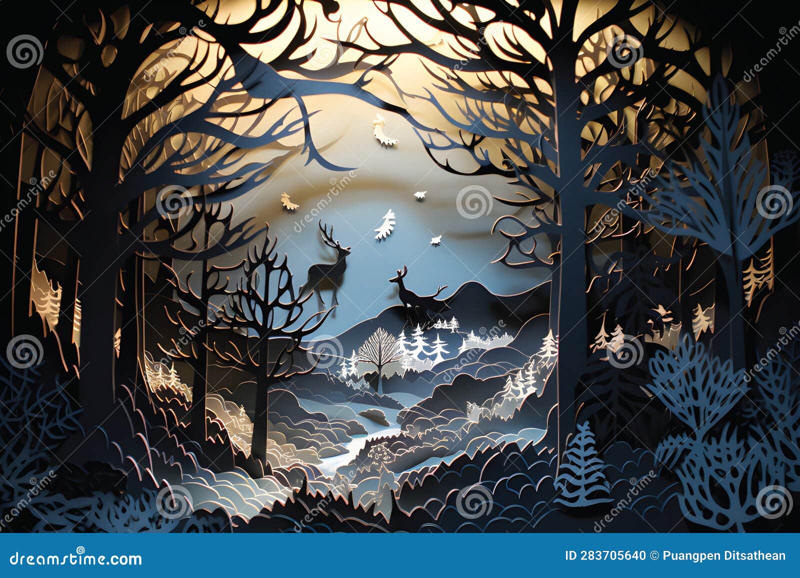 Forest with Folded Paper Cut Layers.GenerativeAI. Stock Illustration ...