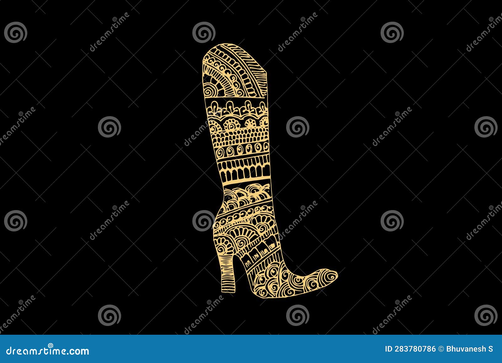 Zentangle Art for Woman Boot with Gold Color Isolated on Dark Black ...