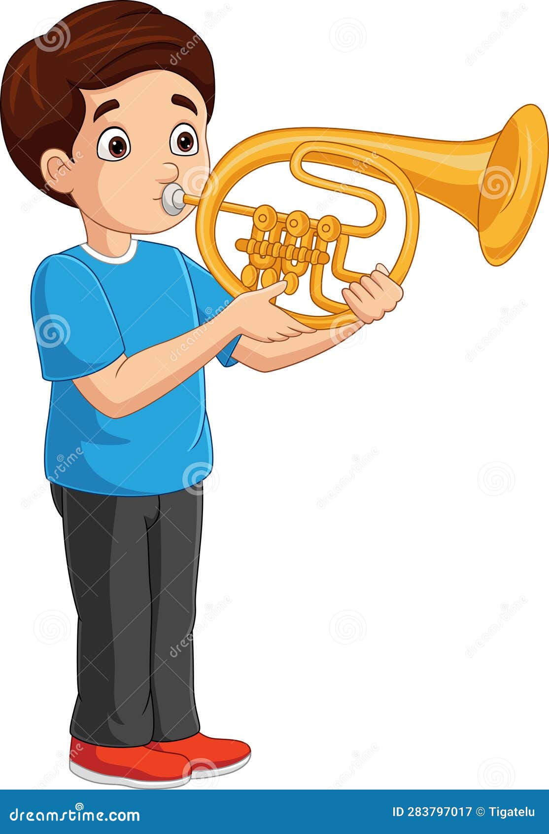 Cartoon Little Boy Playing Golden Trumpet Stock Vector - Illustration ...