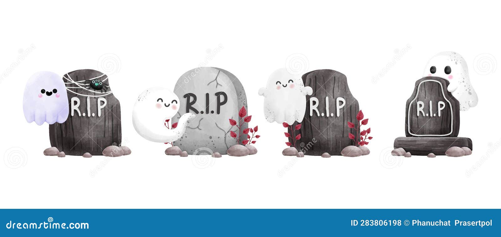Set of Collection Gravestone Rip with Cute Ghost Halloween Rip ...