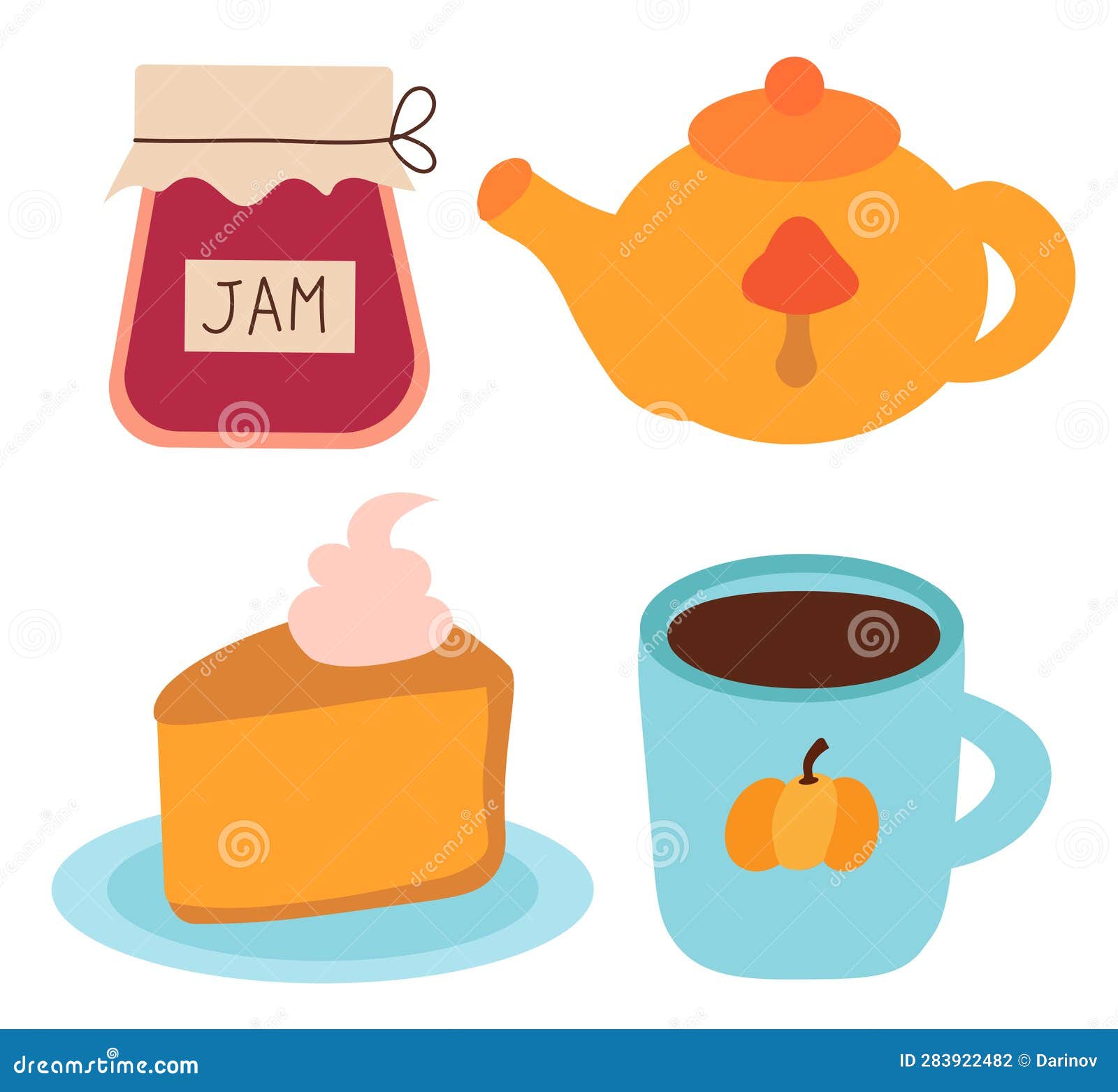 Cute Tea Time with Pumpkin Pie. Teapot, Hot Cup of Tea or Coffee ...