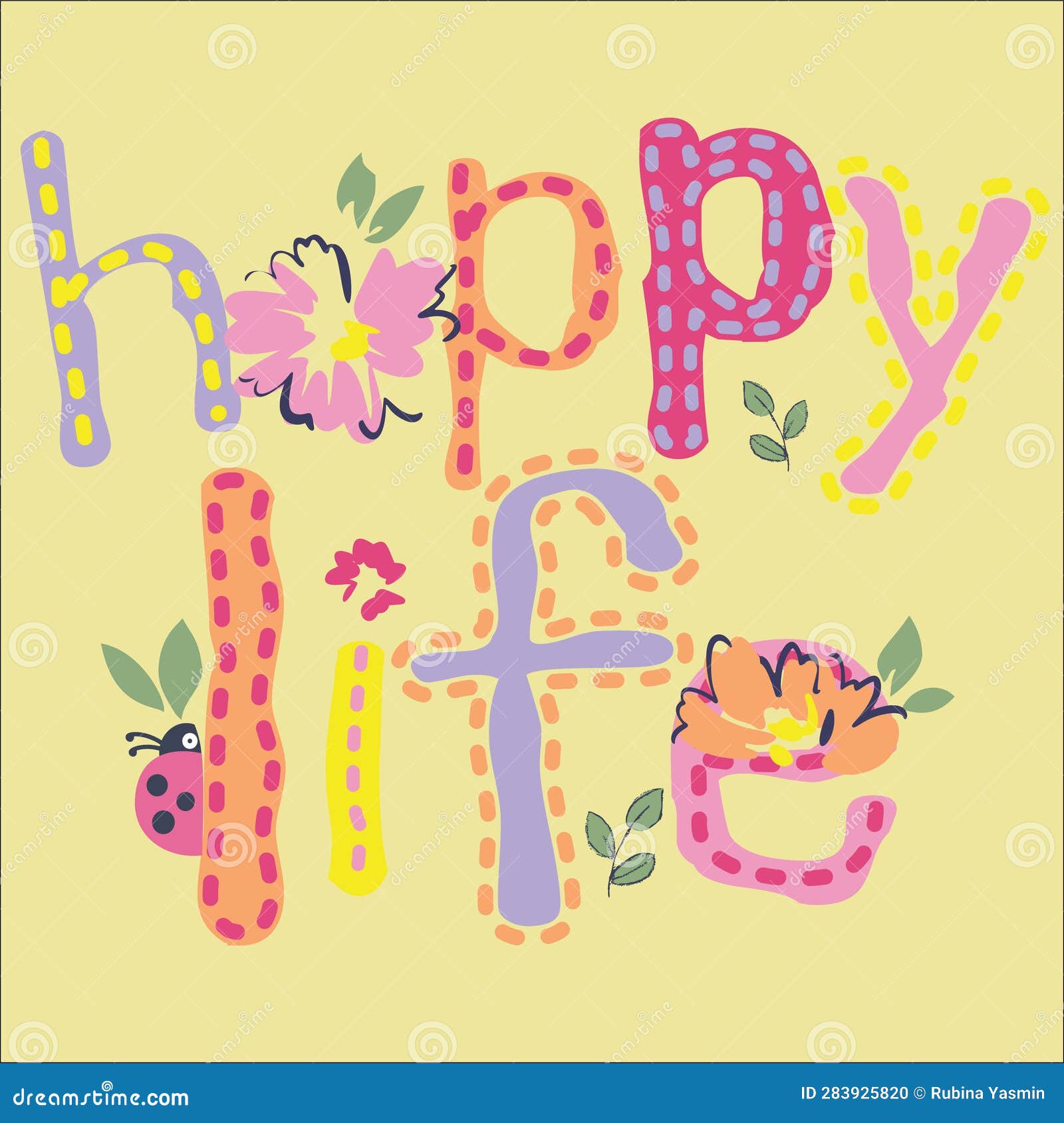 Doodle Floral Text Typo Happy Life Graphic Stock Vector - Illustration ...