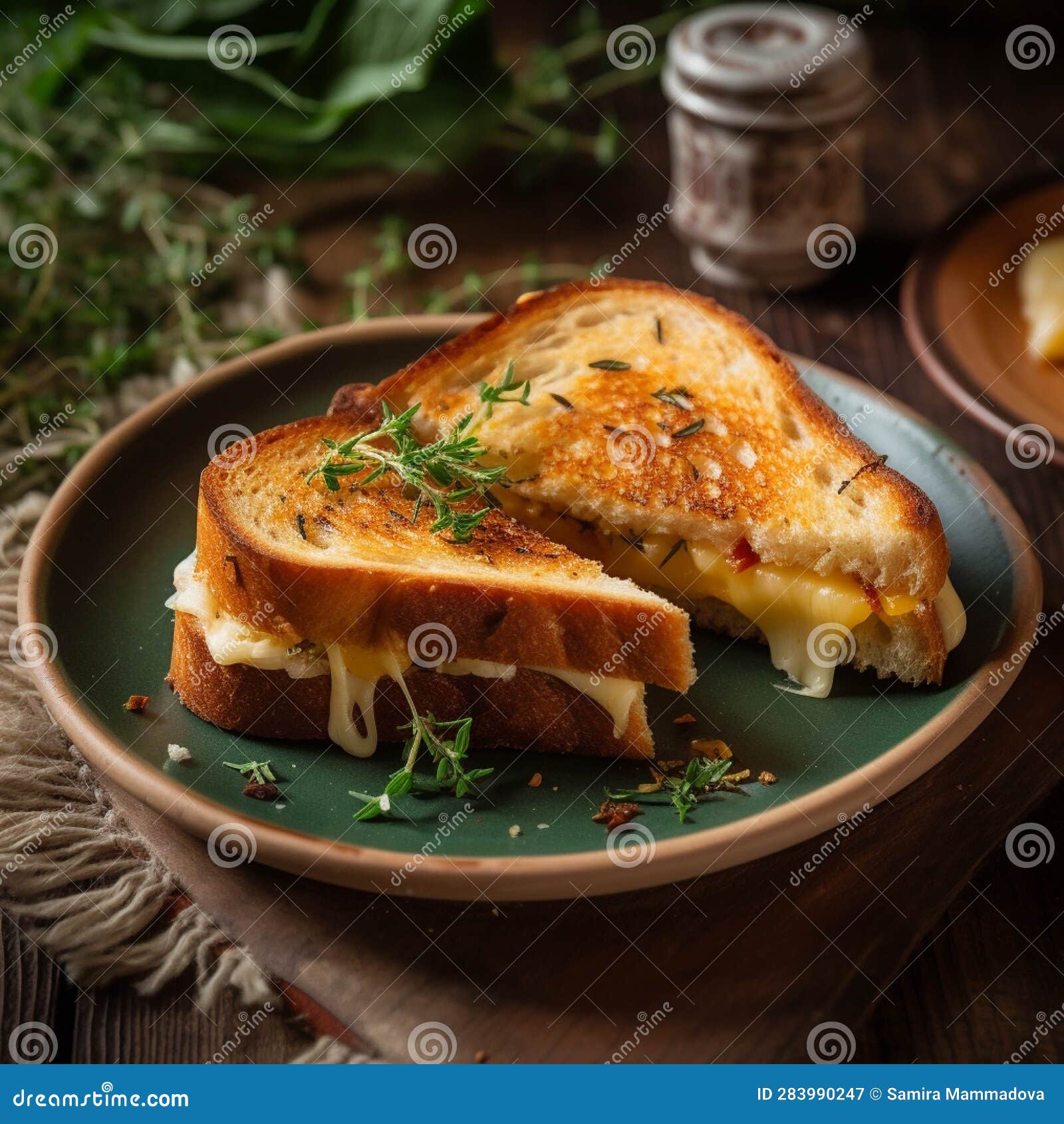Grilled Toast with Cheese and Herbs on a Wooden Background Stock ...