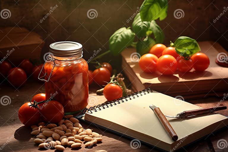 Notebook with Tomato Sauce and Ingredients for Cooking Stock ...