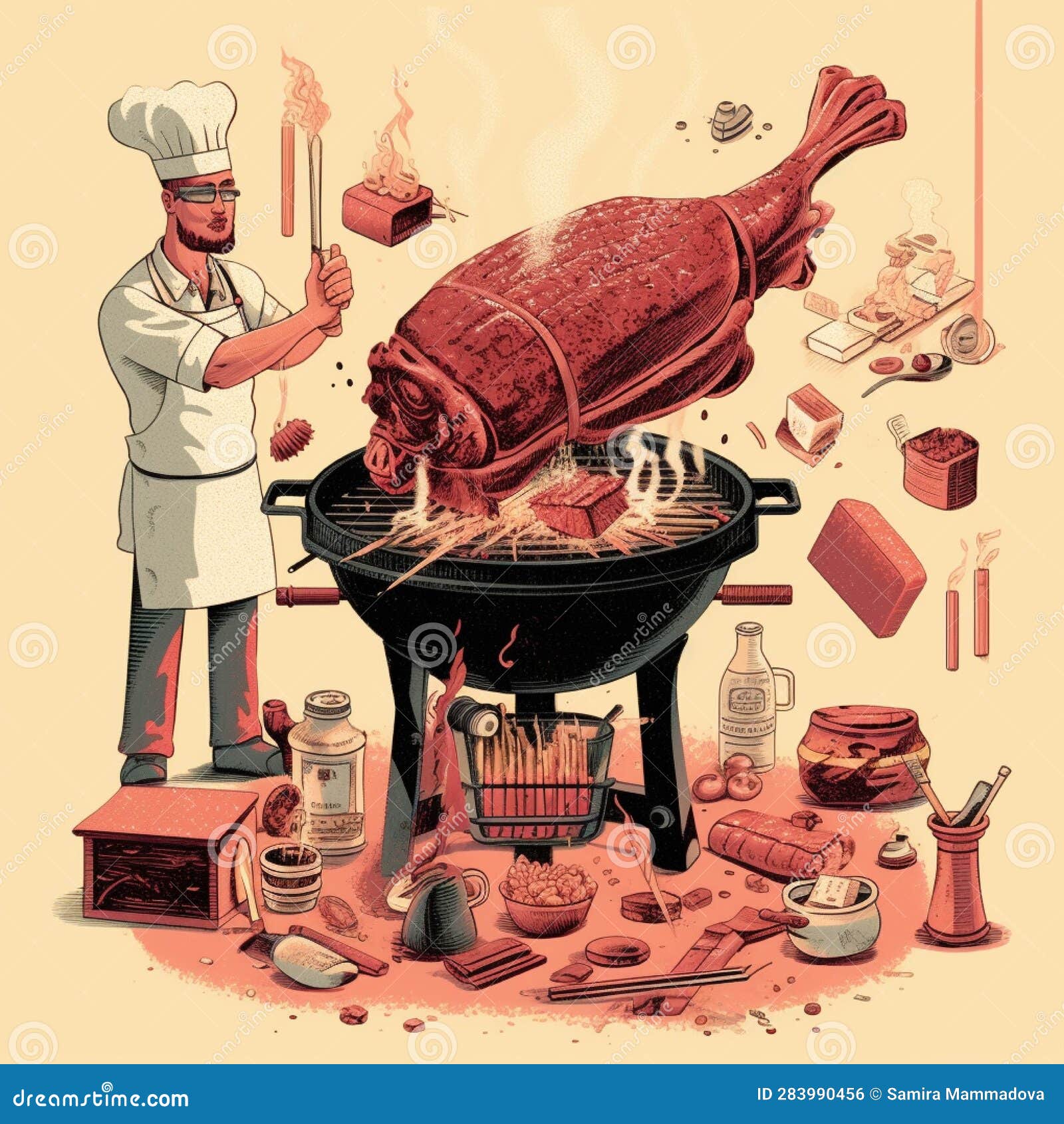 Chef Cooking Meat on Barbecue Grill Stock Illustration - Illustration ...