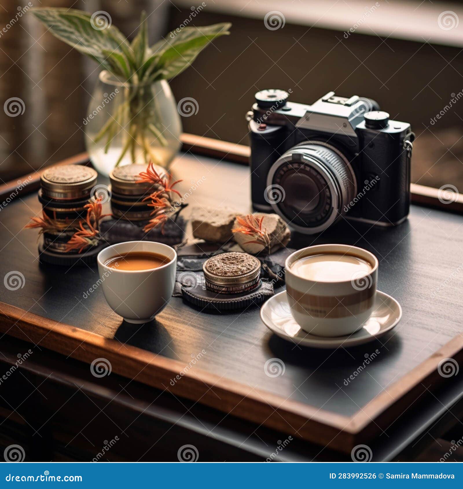 Coffee Cup, Camera and Flowers Stock Illustration - Illustration of ...