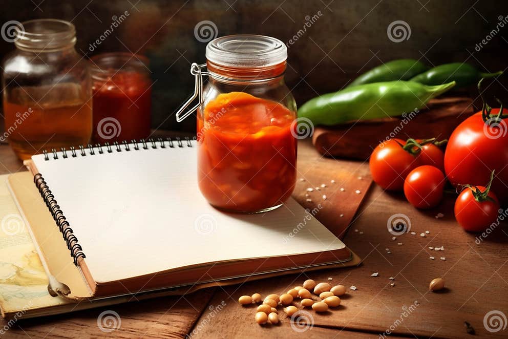 Notebook with Tomato Sauce and Ingredients for Cooking Stock ...