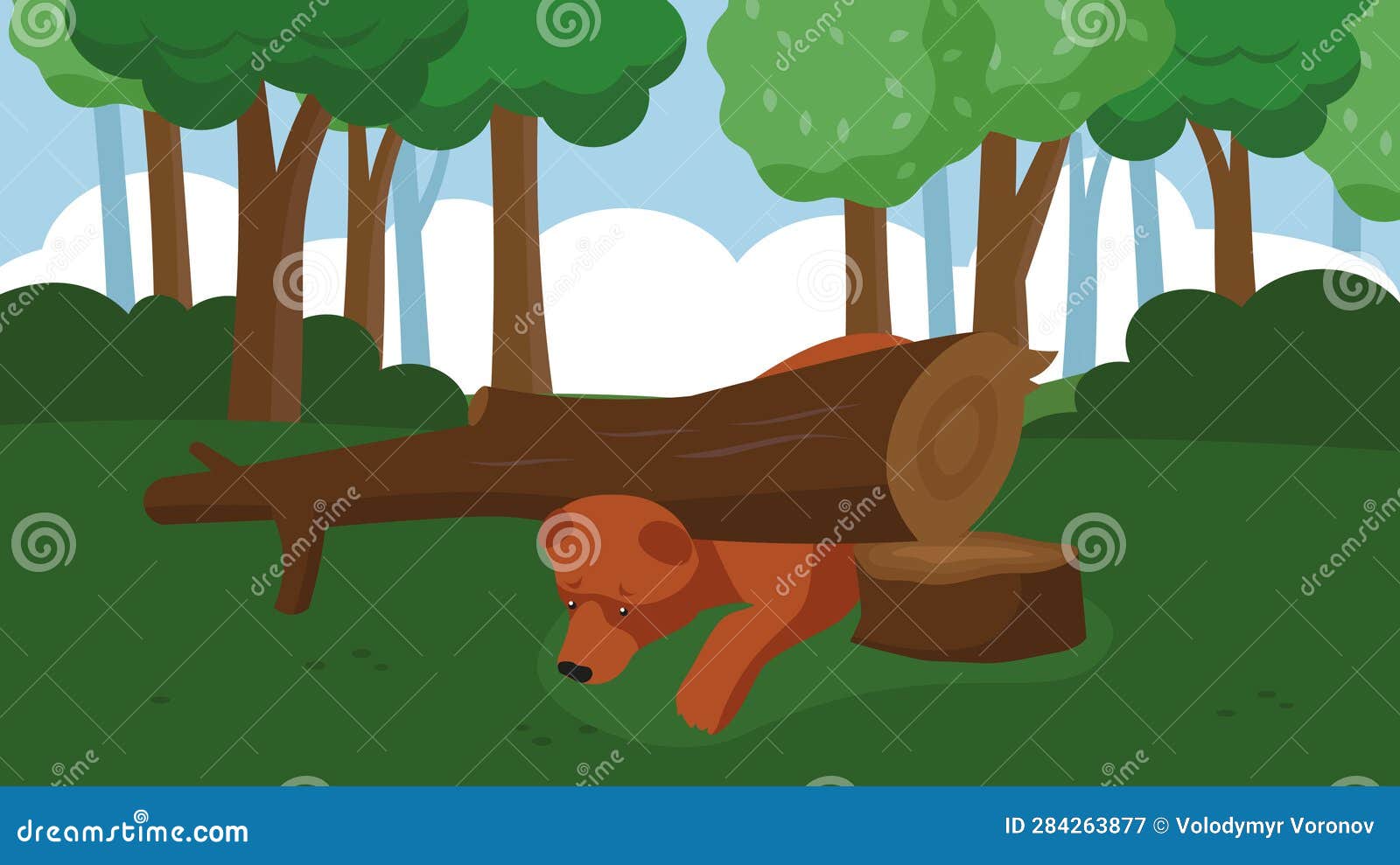 A Bear Under a Fallen Tree in the Forest. Stock Vector - Illustration ...