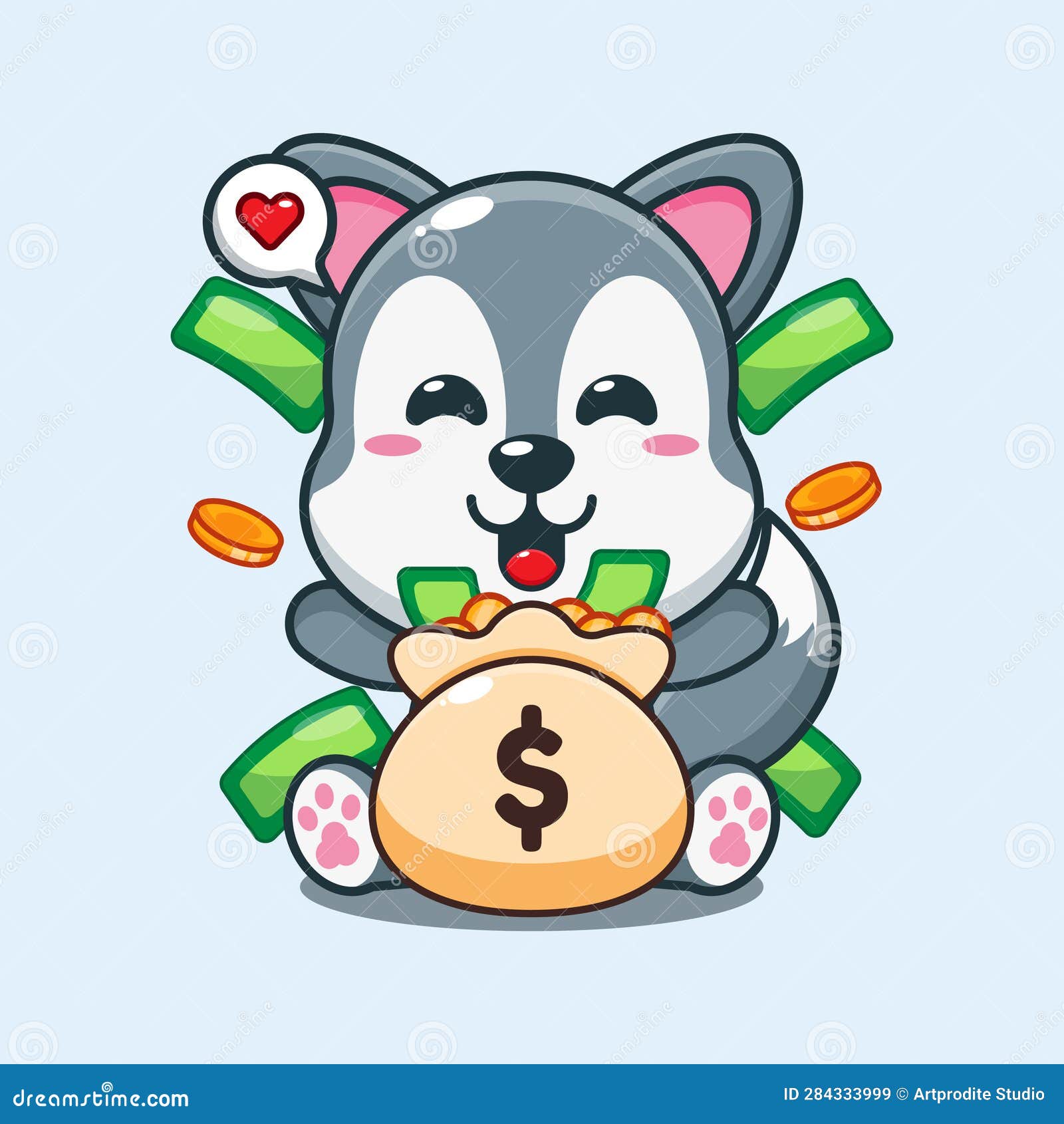 Cute Wolf with Money Bag Cartoon Vector Illustration. Stock Vector ...