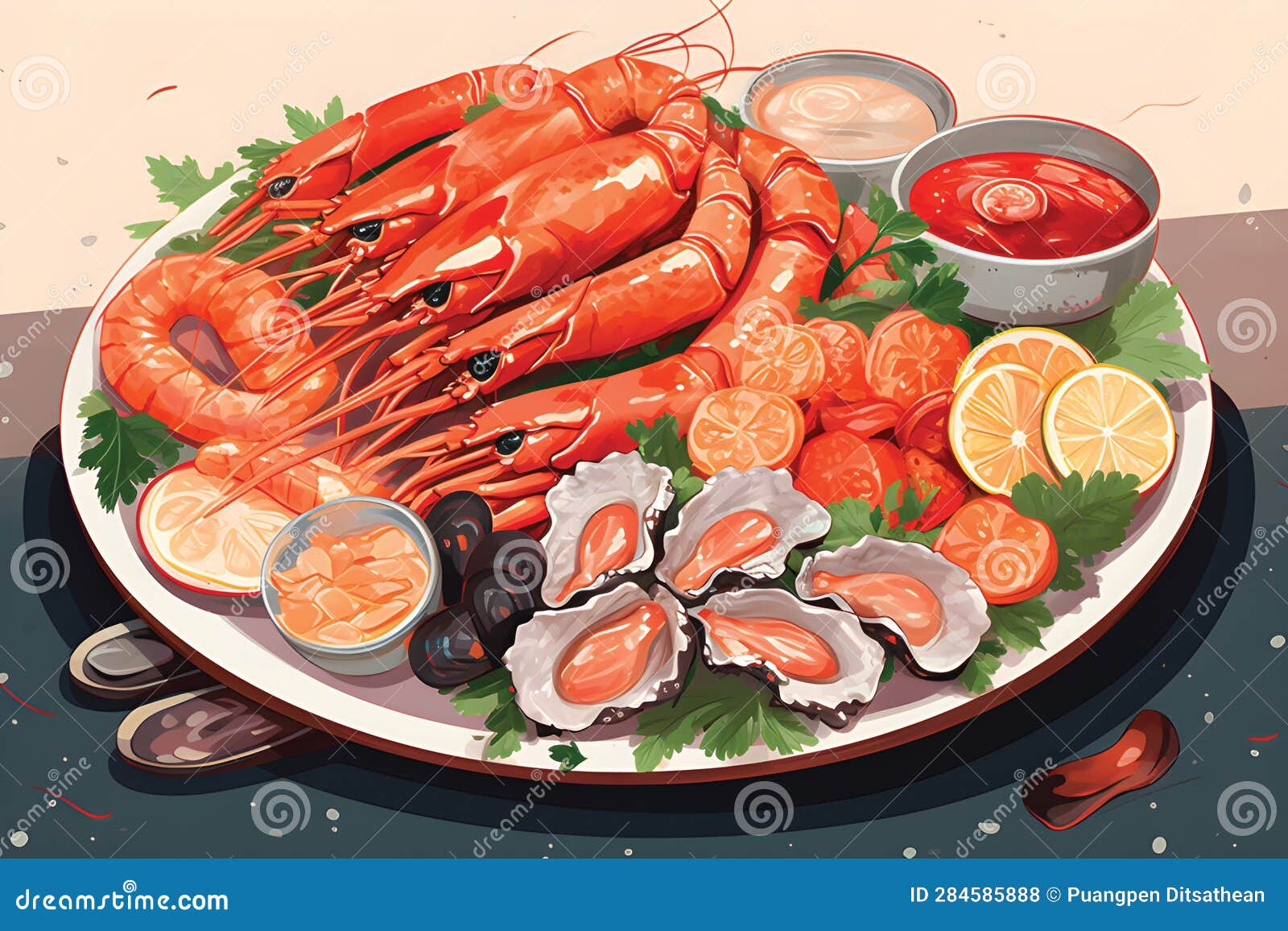 Seafood Meals Set in Cartoon Style.GenerativeAI. Stock Illustration ...