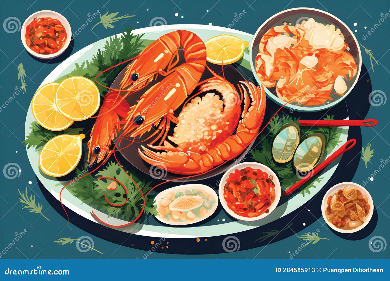 Seafood Meals Set in Cartoon Style.GenerativeAI. Stock Illustration ...