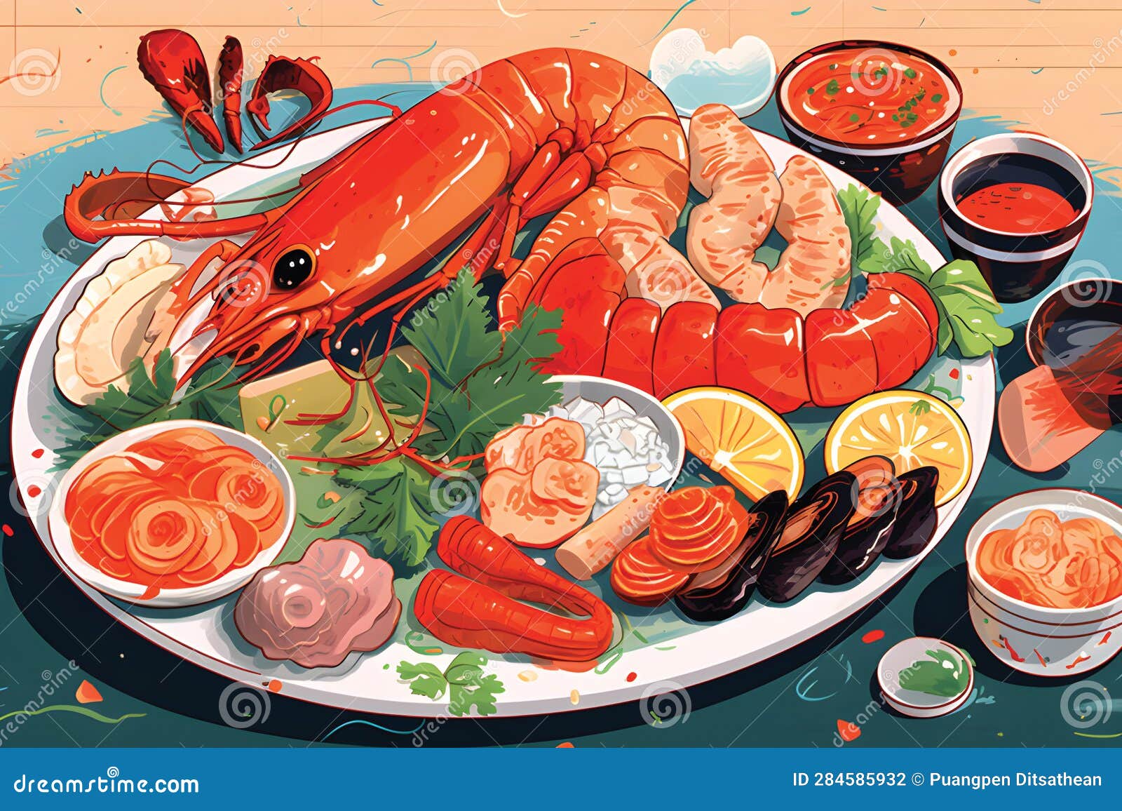 Seafood Meals Set in Cartoon Style.GenerativeAI. Stock Illustration ...