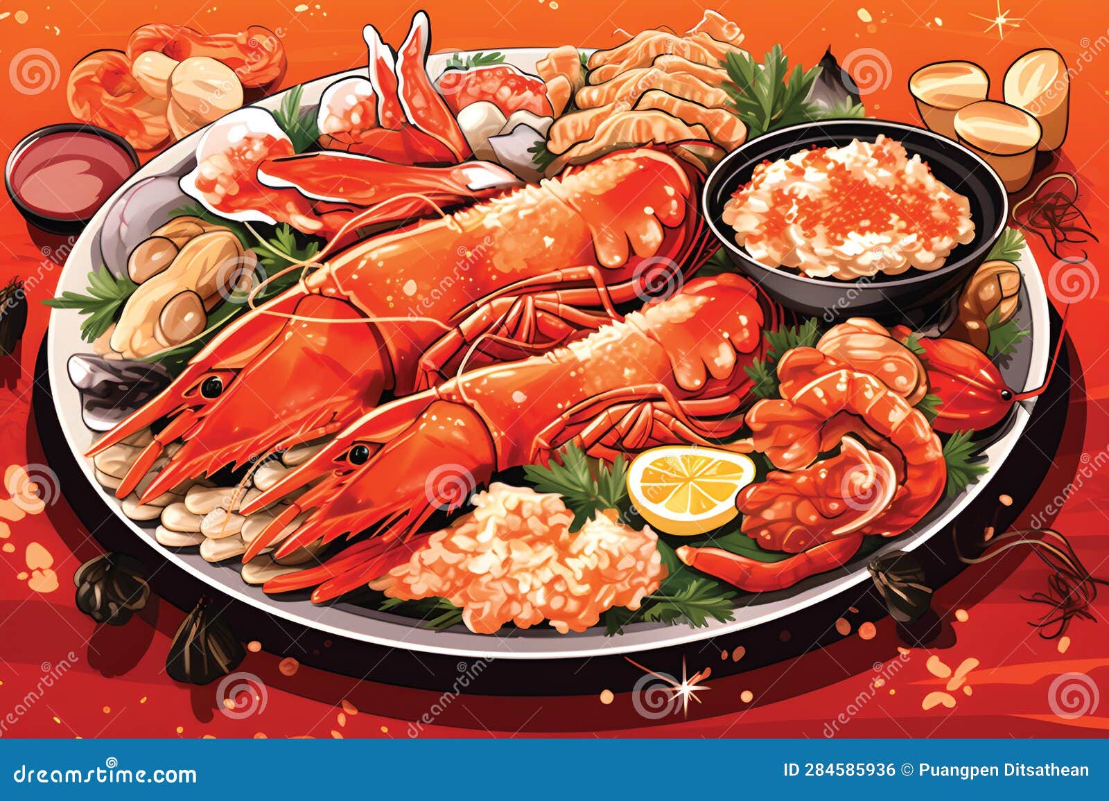 Seafood Meals Set in Cartoon Style.GenerativeAI. Stock Illustration ...