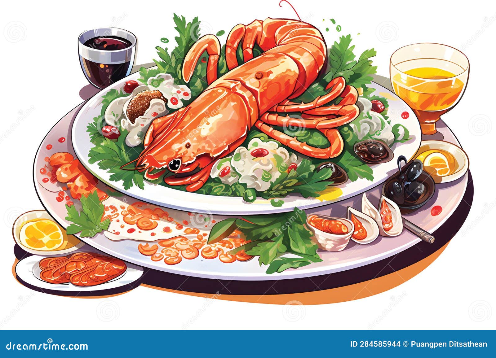 Seafood Meals Set in Cartoon Style.GenerativeAI. Stock Illustration ...