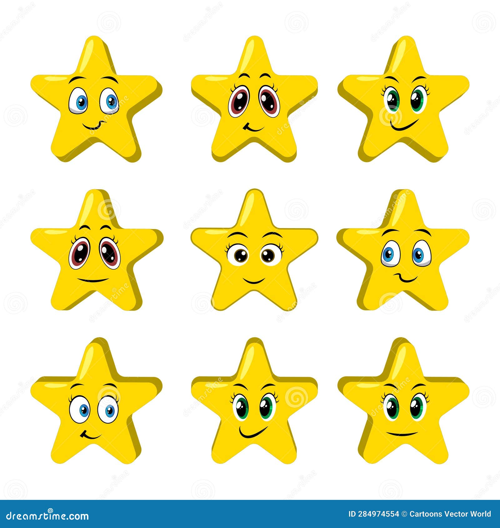 Vector Illustration of Yellow Cute Funny Cartoon Stars Badges Set with ...