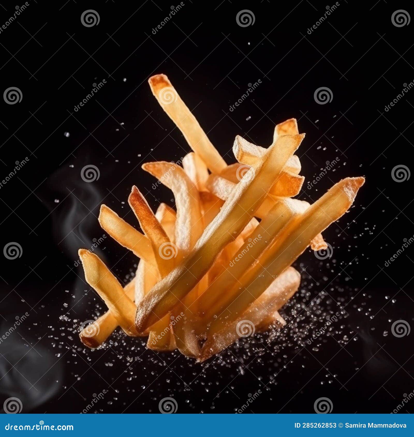 Fried Potatoes with Flying Sparks on Dark Background Stock Illustration ...