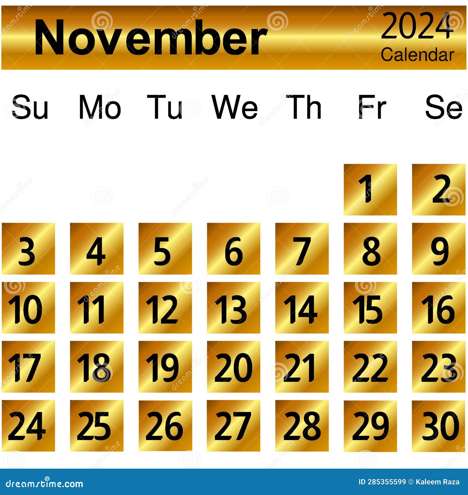 November Month Calendar 2024 Stock Vector - Illustration of plan, gold ...