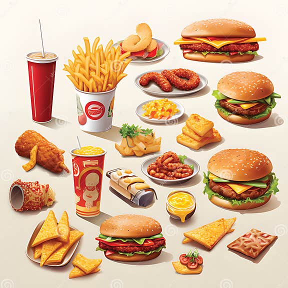 Big Group of Fast Food Products.Fast Food 3d Realistic Render Vector ...