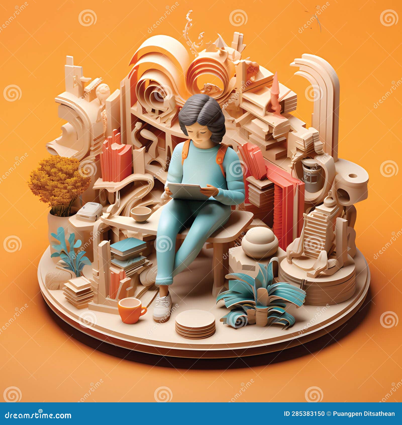 Student Reading a Book.3d Clay.GenerativeAI. Stock Illustration ...